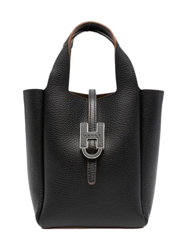 Hogan Trend Mini Hammered Leather Tote With Embossed Logo And Shoulder Strap - Black