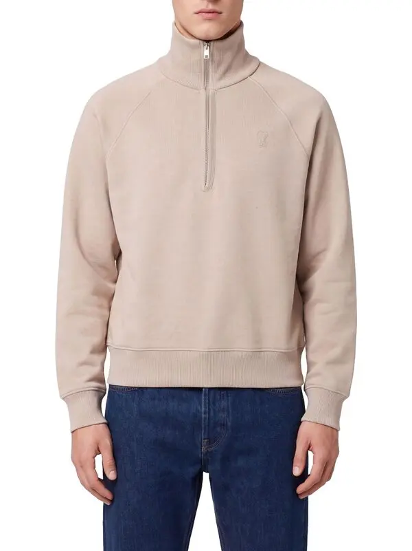AMI Paris Pure Cotton Sweatshirt With High Neck And Half-zip Closure - Beige