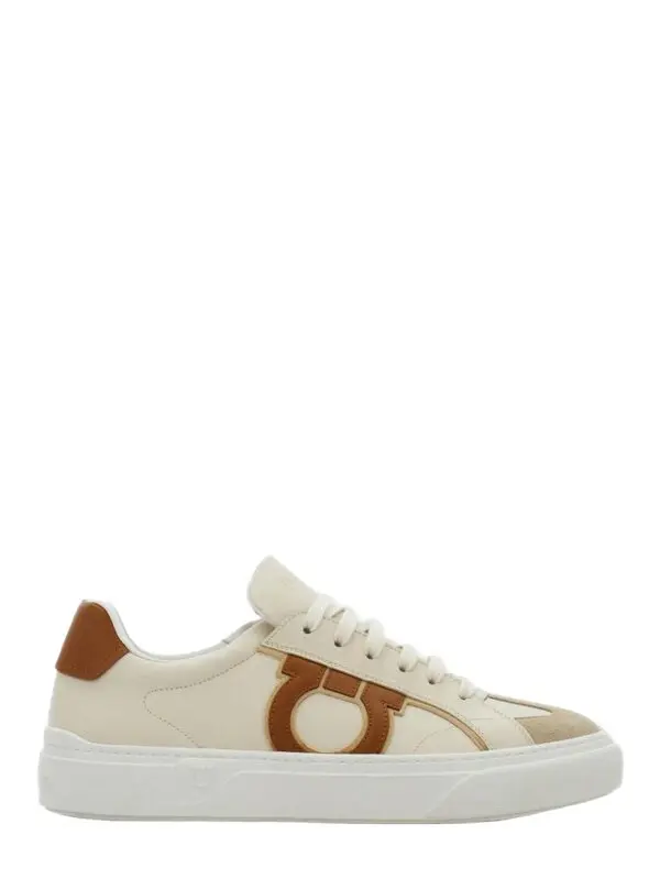 FERRAGAMO Gancini Monogram Pattern Leather Low Top Sneakers - Ecru