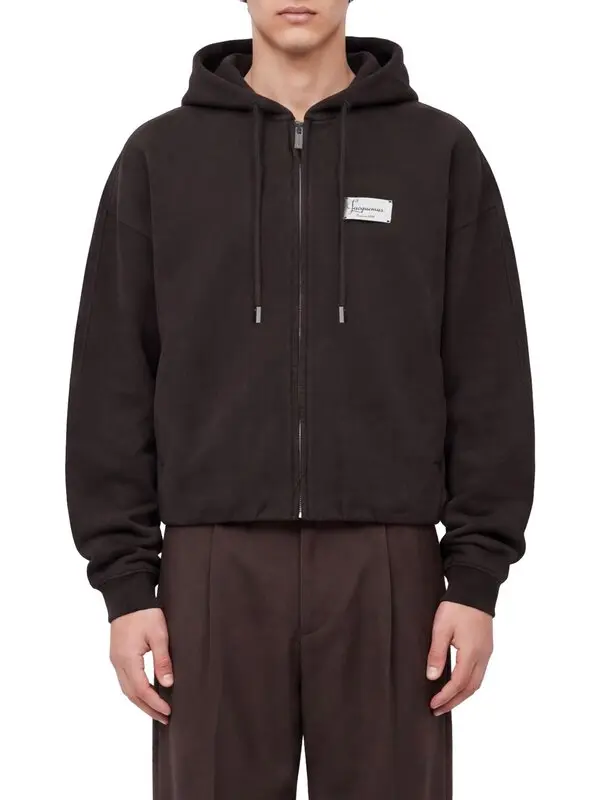 Jacquemus Cotton Jersey Zip-up Hoodie With Logo Patch - Brown