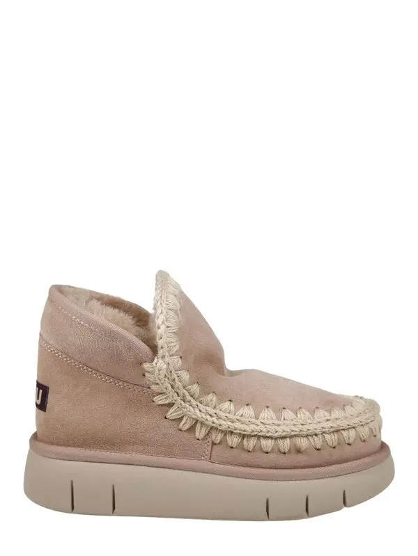 Mou Eskimo Bounce Suede Ankle Boots With Embroidery And Crochet Stitching - Beige