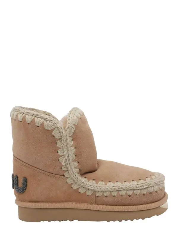 Mou Eskimo Sheepskin Ankle Boots With Embroidery And Glitter Logo Back - Beige