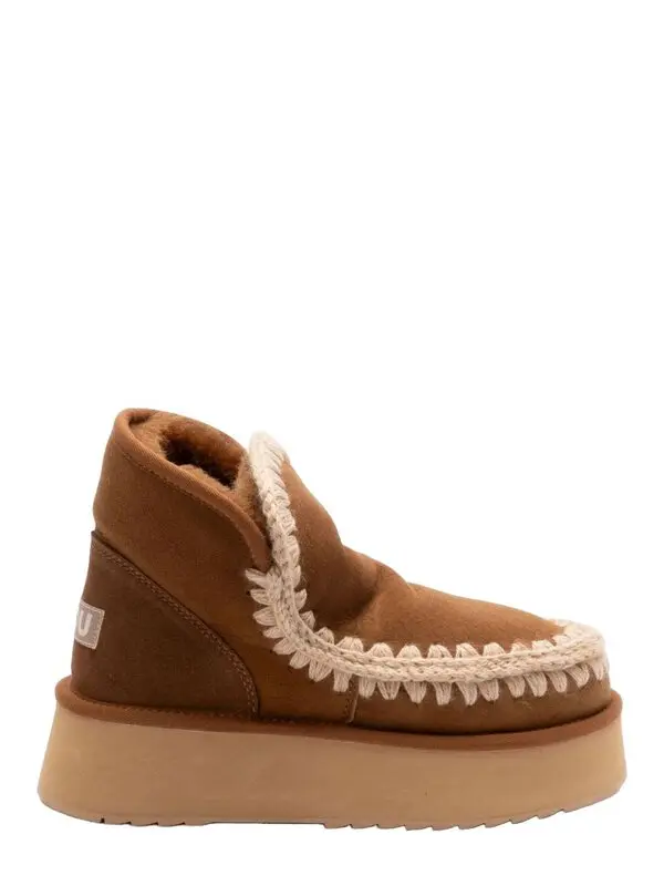 Mou Mini Eskimo Platform Suede Boots With Crochet Stitching - Brown