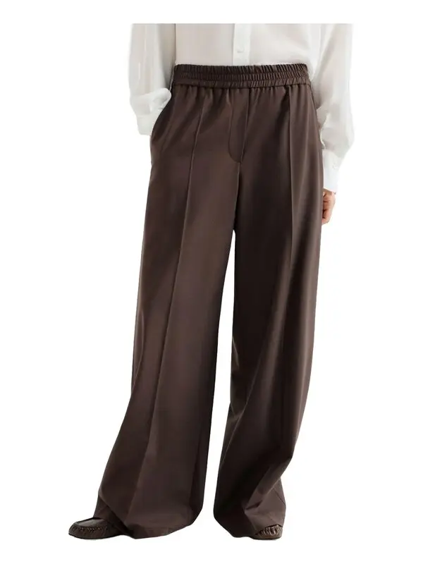 Brunello Cucinelli Wide-leg Wool Trousers With Elasticated Waist - Brown