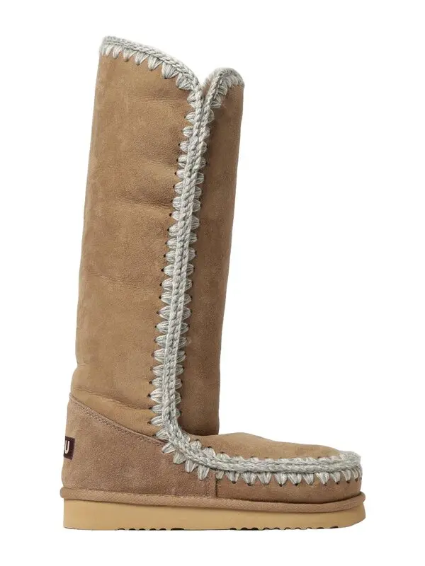 Mou Eskimo Knee-high Boots In Suede With Wool Lining And Contrast Stitching - Brown