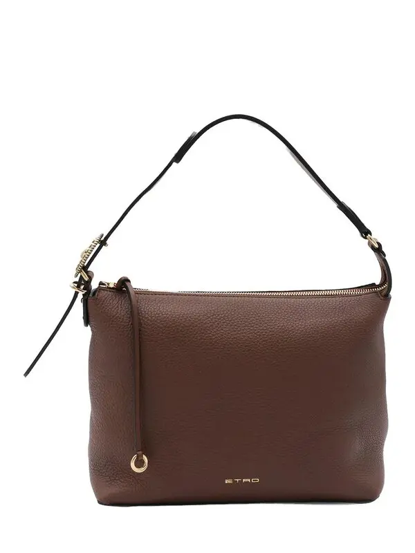 Etro Pebbled Shoulder Bag With Adjustable Handle And Logo Charm - Leather