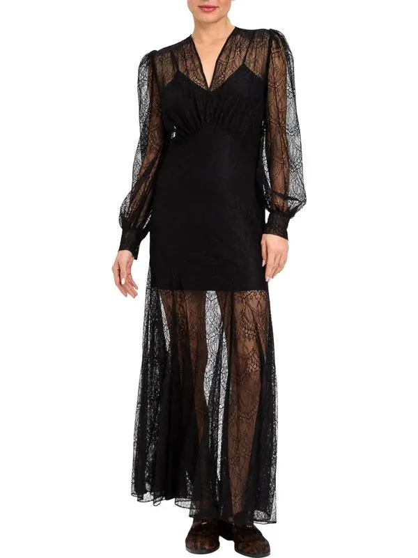 TWINSET Long Lace Ceremony Dress With Balloon Sleeves - Black