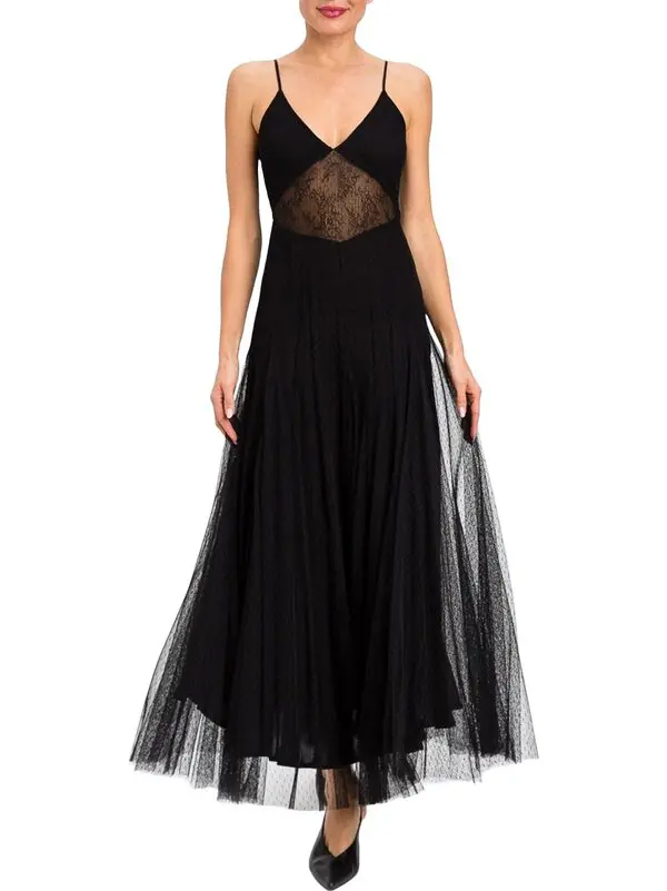 TWINSET V-neck Tulle And Lace Long Ceremony Gown With Thin Straps - Black