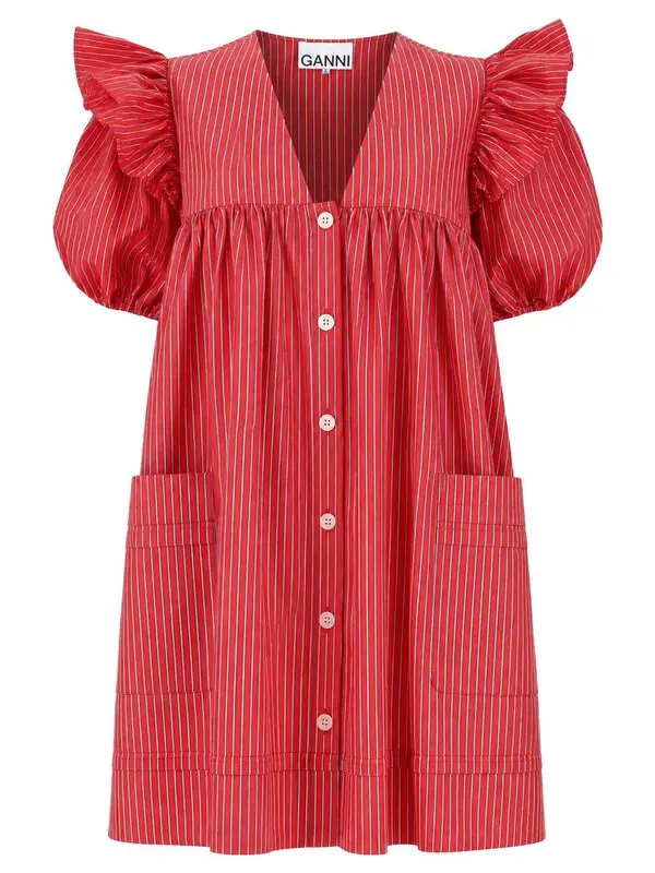 GANNI Mini Abito In Cotone A Righe - Red