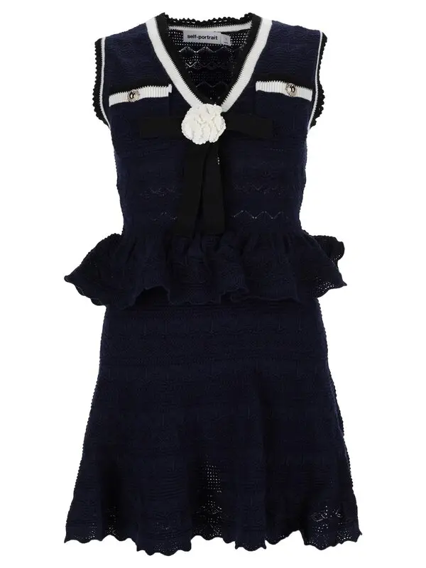 SELF-PORTRAIT Mini Abito In Maglia Traforata Con Volant - Blue