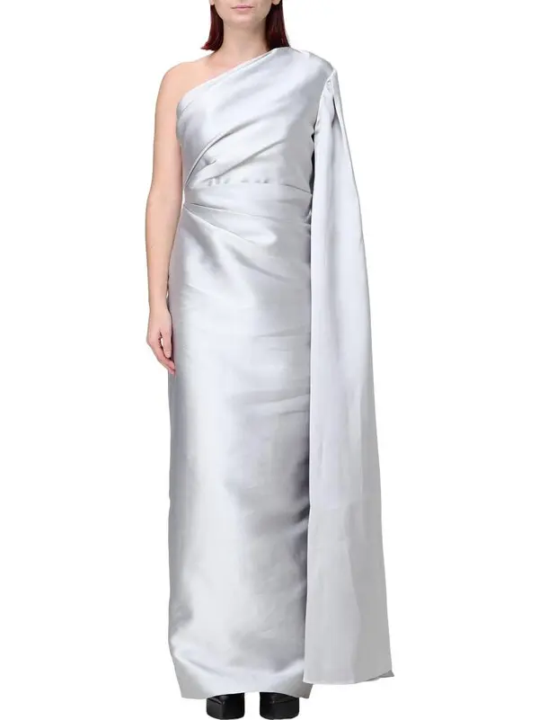 Solace London One-shoulder Long Satin Gown With Draped Waist - Silver