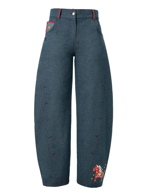 RONDOOZ Hand Painted Denim Culottes Trousers With Antique French Gobelin Tapestry & Hand Applied Embellishment - Blue