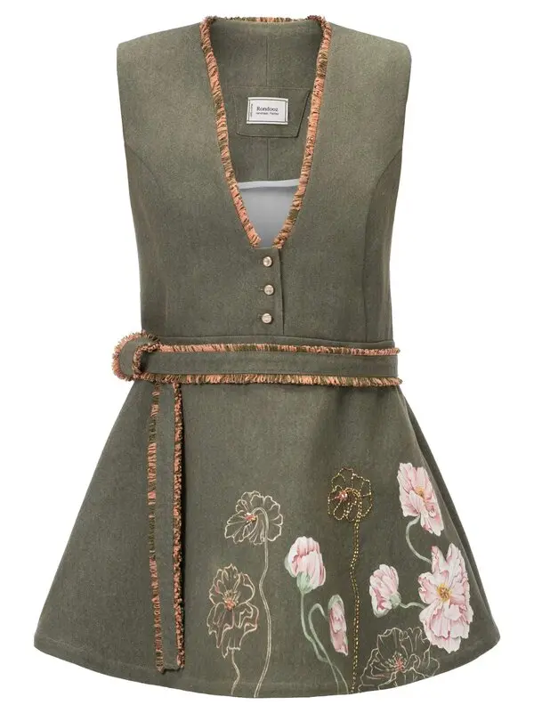RONDOOZ Hand Painted Denim Mini Dress With Hand Applied Embellishment - Green