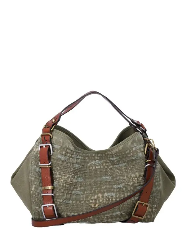 DIESEL® D-one Medium Handbag With Distressed Canvas, Leather Handles & Belt Straps - Verde