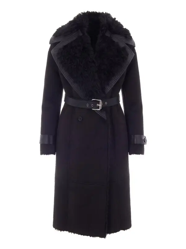 Patrizia Pepe Belted Long Coat With Faux Fur Collar - Nero