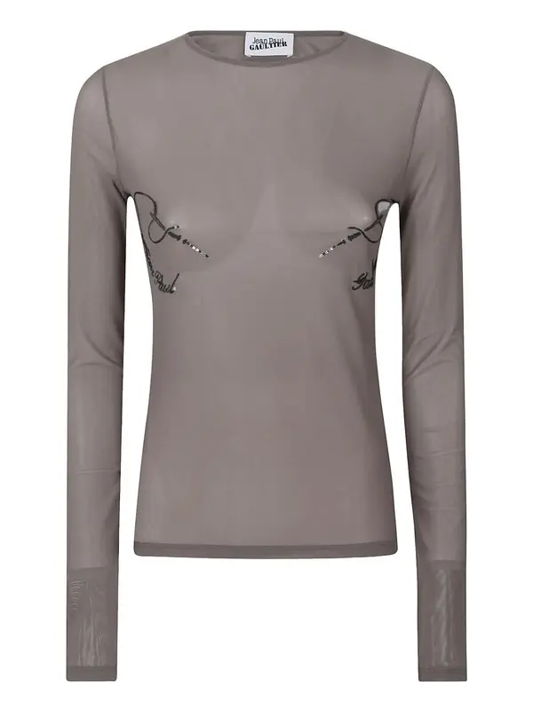 JEAN PAUL GAULTIER Long Sleeve Mesh Top With Embroidery - Darkgrey