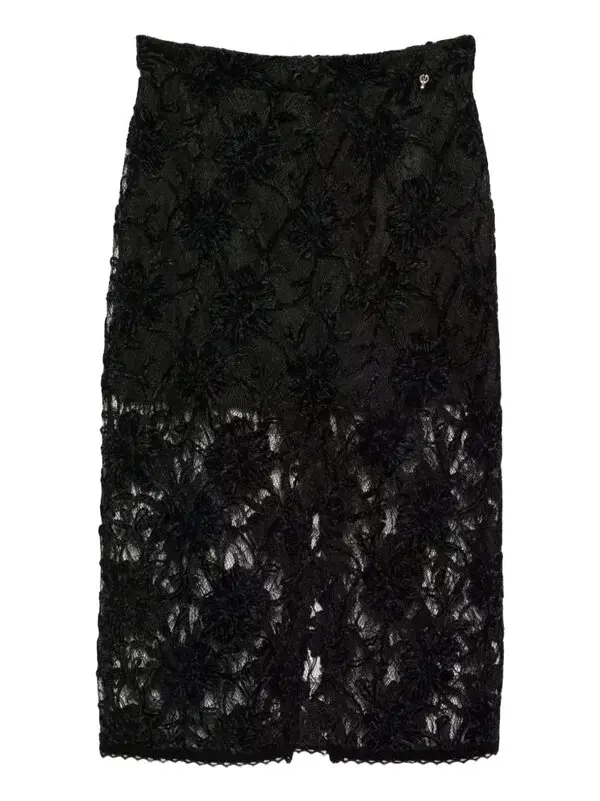 PHILIA LOFT Floral-lace Slit Midi Skirt - Black