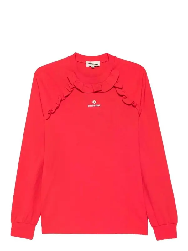 SHUSHU/TONG Ruffled Logo-embroidered T-shirt - Red