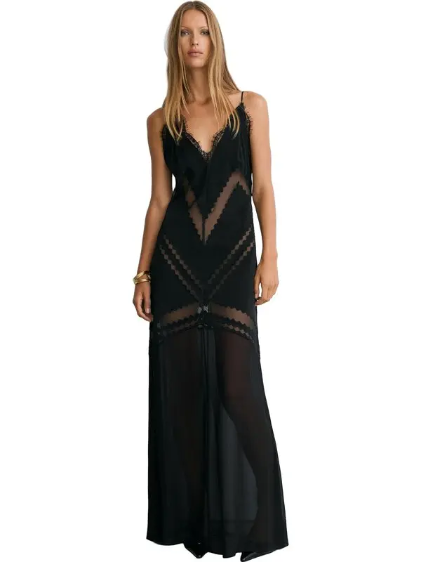 REISS Veronica Lace-trim Mesh-detail Maxi Slip Dress - Black