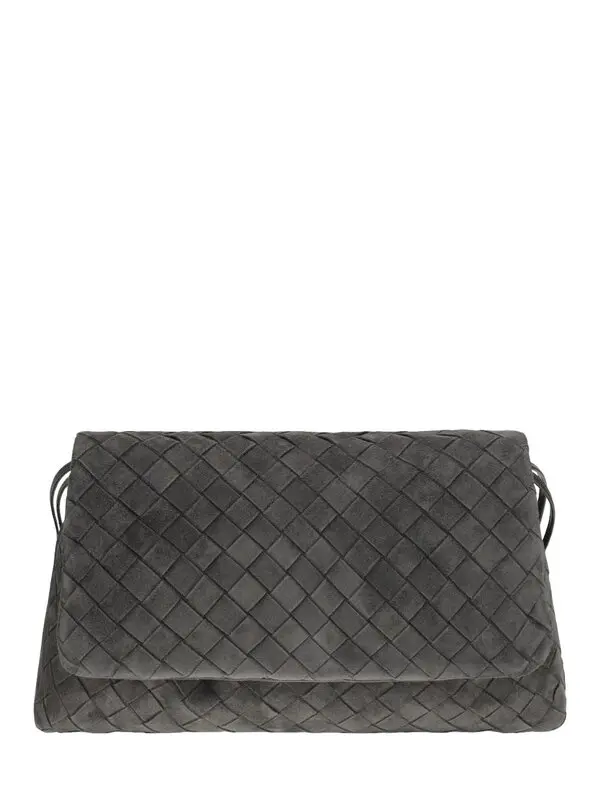 Bottega Veneta Giorno Woven Calfskin Shoulder Bag With Flap Closure - Gray