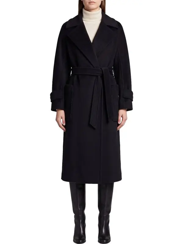 Max Mara Long Belted Robe Coat In Wool With Classic Lapels And A Back Vent - Black