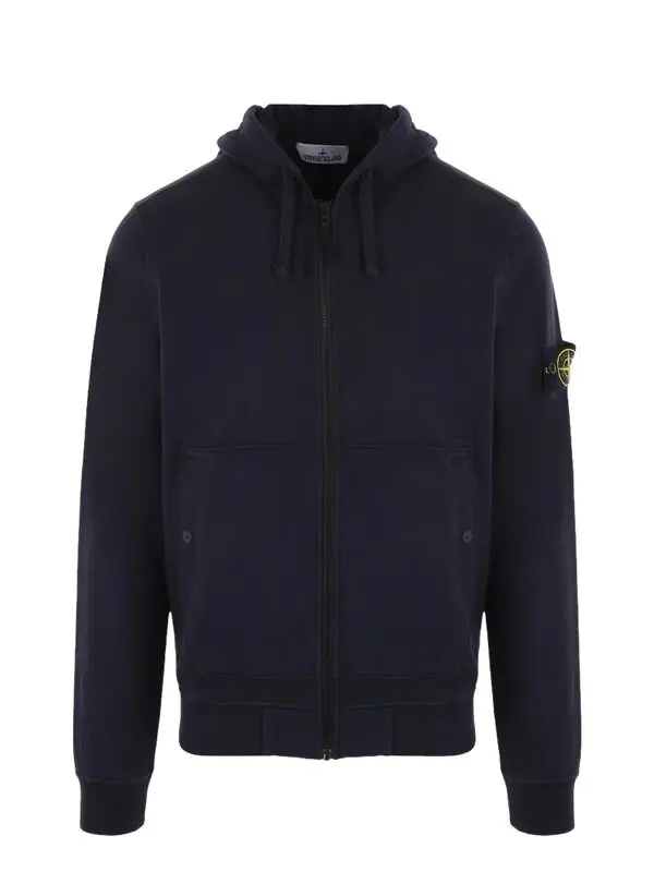 Stone Island Logo Patch Zipped Hoodie - Blue