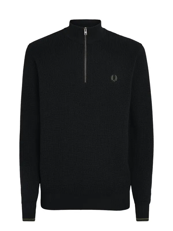 Fred Perry Cotton Waffle-knit Quarter-zip Sweatshirt - Black