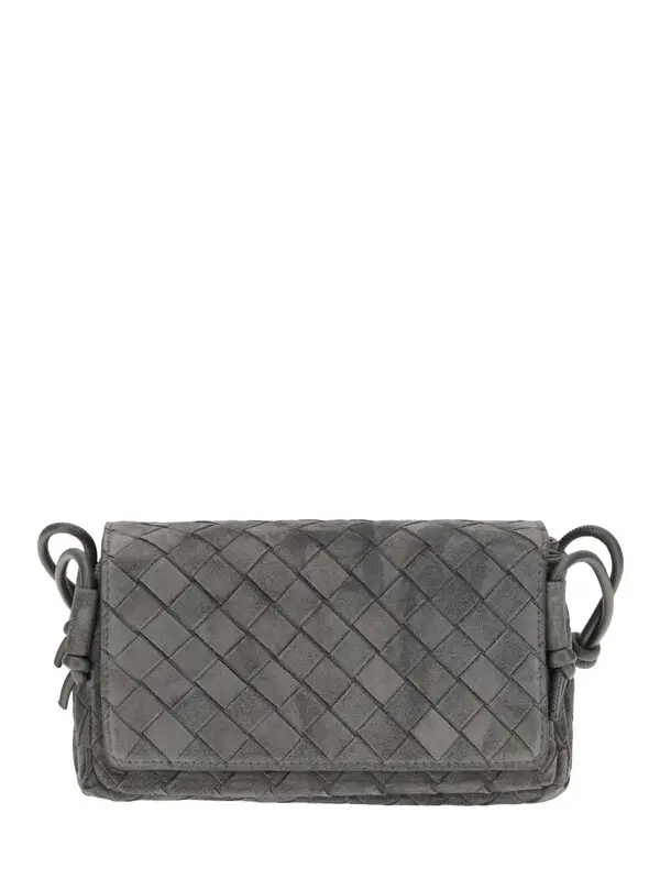 Bottega Veneta Notturno Intrecciato Suede Calfskin Shoulder Bag With Knotted Strap - Gray