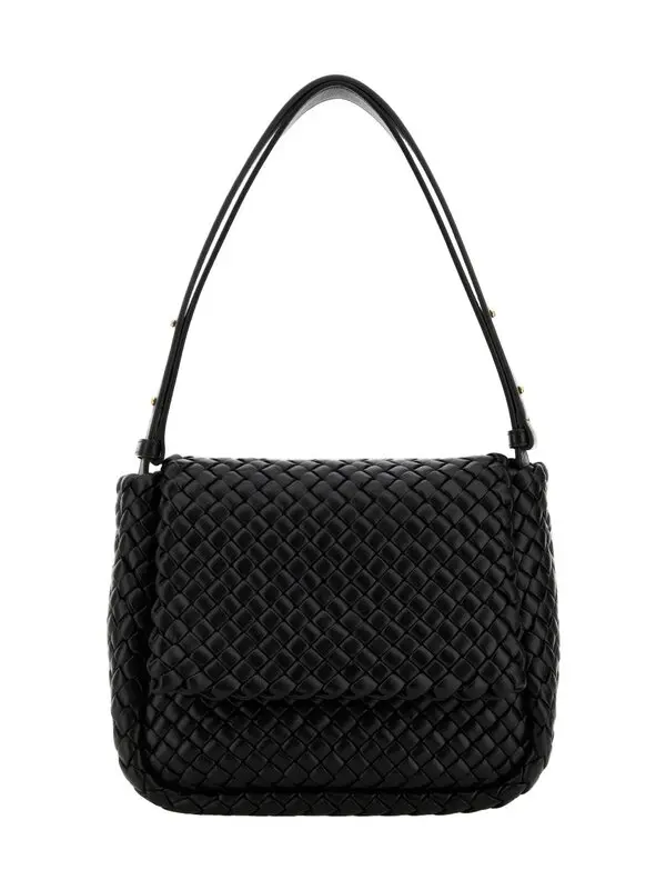 Bottega Veneta Intrecciato Lambskin Crossbody Bag With Flap Closure - Black