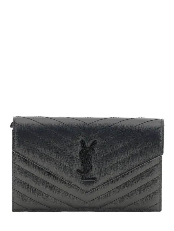 Saint Laurent Cassandre Mini Quilted Grain De Poudre Leather Wallet On Chain - Black