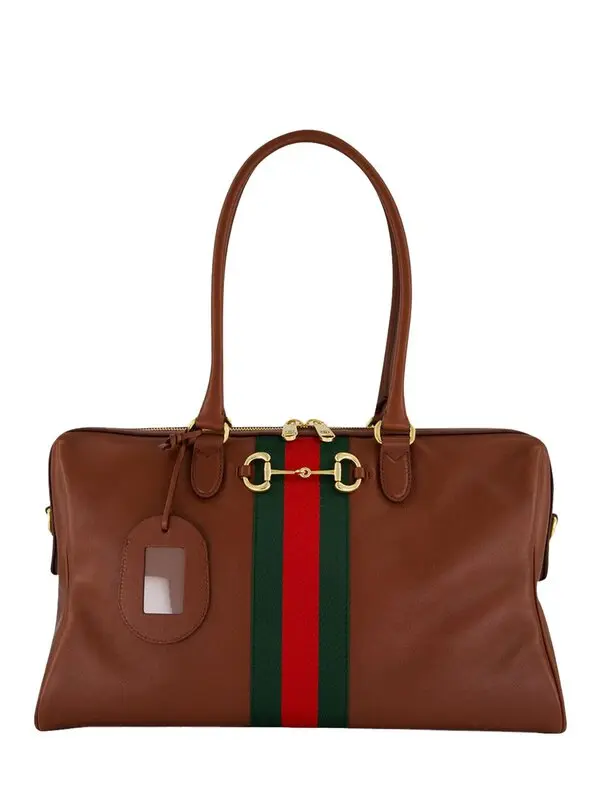 Gucci Calfskin Leather Shoulder Bag With Horsebit Detail And Web Stripe - Brown
