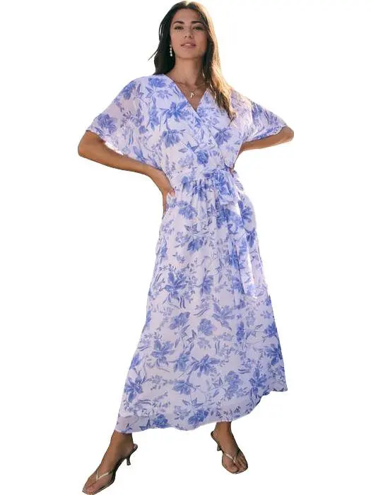 Roaman's Chiffon Wrap Sleeve Maxi Dress - Blue Ivory