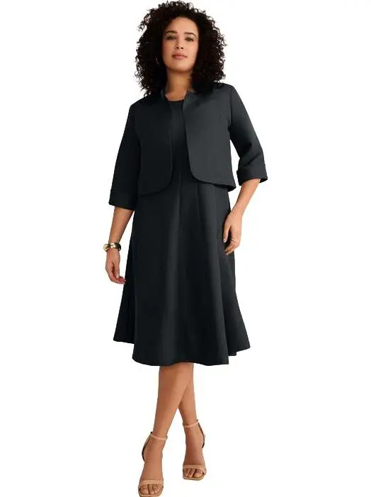 Roaman's Extended Elbow Sleeve Fit And Flare Dress With Bolero Jacket 2 Piece Suit - Black