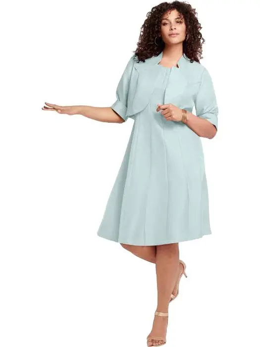 Roaman's Extended Elbow Sleeve Fit And Flare Dress With Bolero Jacket 2 Piece Suit - Cloud Blue