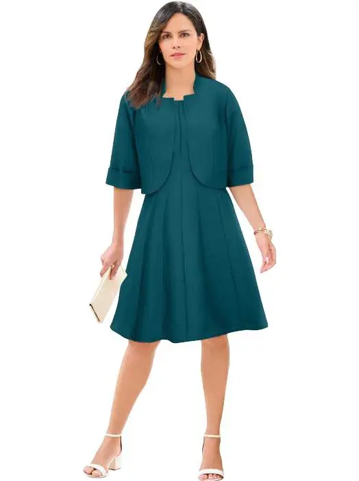 Roaman's Extended Elbow Sleeve Fit And Flare Dress With Bolero Jacket 2 Piece Suit - Emerald Green
