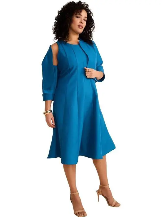 Roaman's Extended Elbow Sleeve Fit And Flare Dress With Bolero Jacket 2 Piece Suit - Peacock Teal