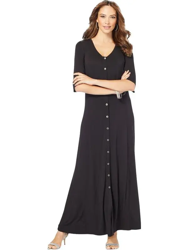 Roaman's Button Front Heathered Dress - Black