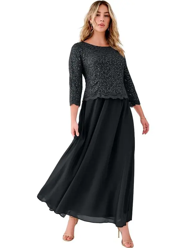 Roaman's Extended Sequin Lace Three Quarter Sleeve A Line Gown - Black
