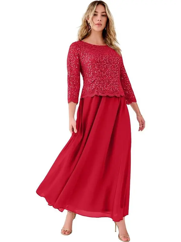 Roaman's Extended Sequin Lace Three Quarter Sleeve A Line Gown - Classic Red