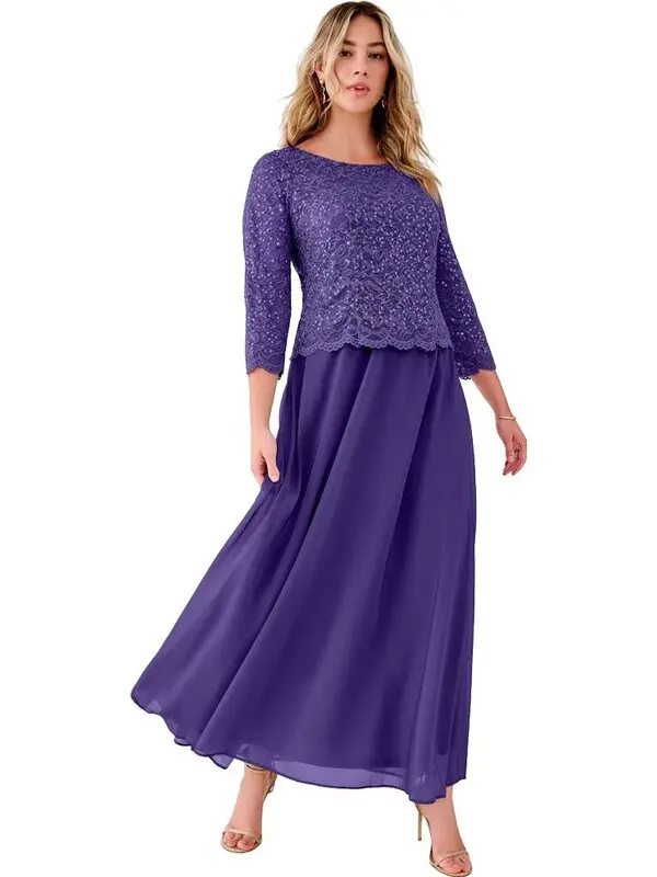 Roaman's Extended Sequin Lace Three Quarter Sleeve A Line Gown - Midnight Violet