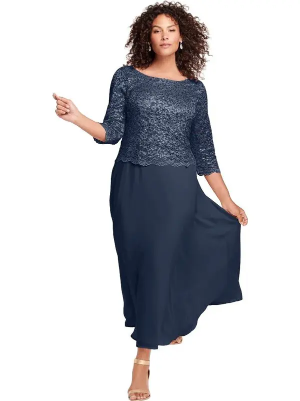 Roaman's Extended Sequin Lace Three Quarter Sleeve A Line Gown - Navy
