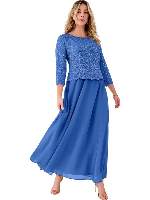 Roaman's Extended Sequin Lace Three Quarter Sleeve A Line Gown - True Blue