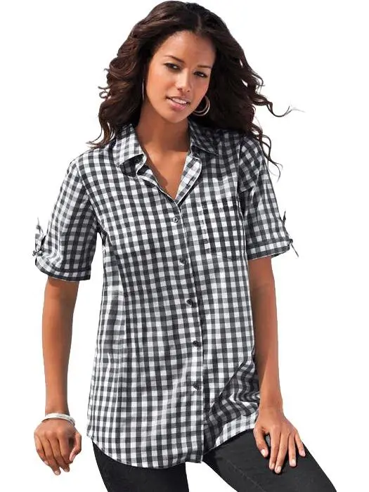 Roaman's Extended French Check Shirt - Black Check