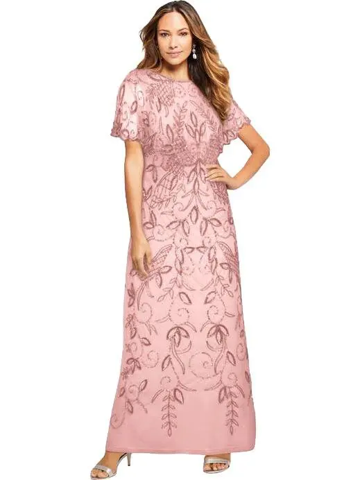 Roaman's Extended Beaded Capelet Maxi Gown Glam Evening Dress - Soft Blush