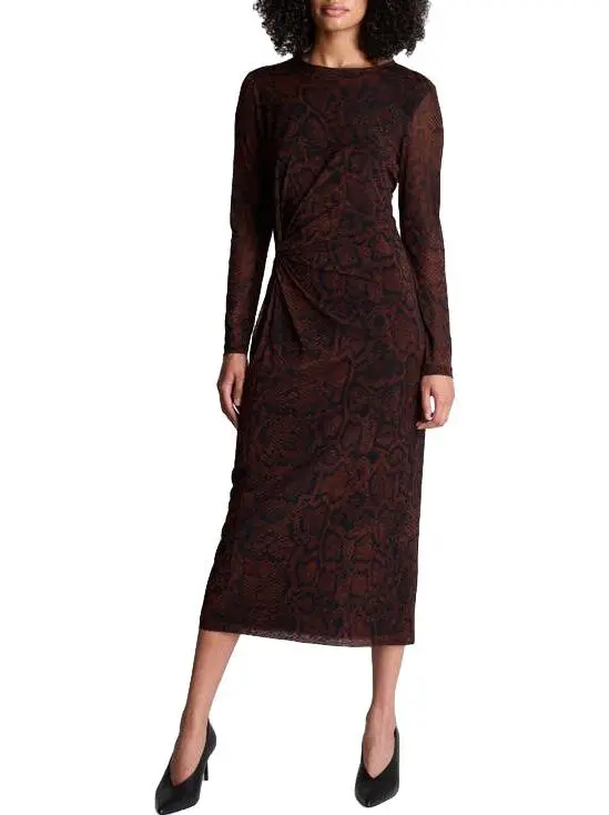 KENNETH COLE Knot Front Long Sleeve Midi Dress - Medium Bark Multi