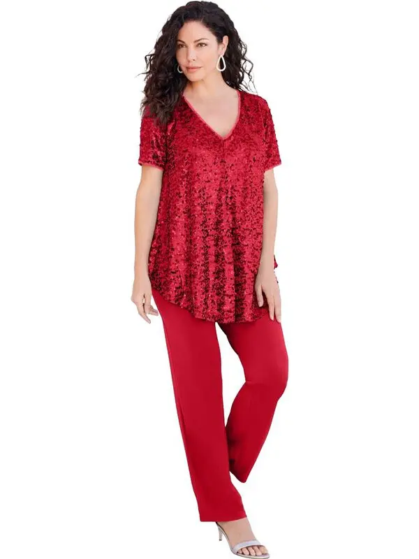 Roaman's Extended 2 Piece S/s Sequin Top And Pant Set - Classic Red