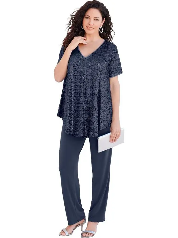 Roaman's Extended 2 Piece S/s Sequin Top And Pant Set - Navy