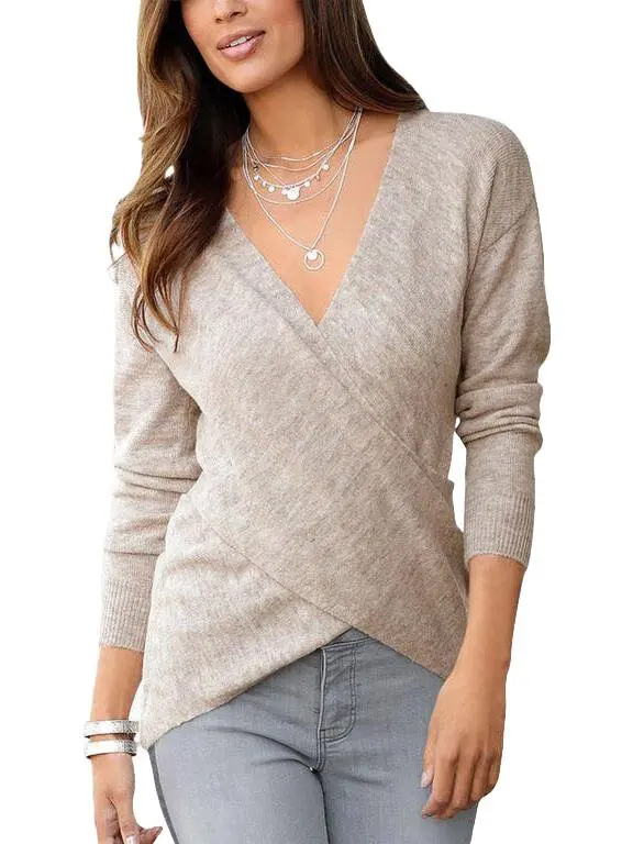 LASCANA V-neck Crossover Sweater - Beige