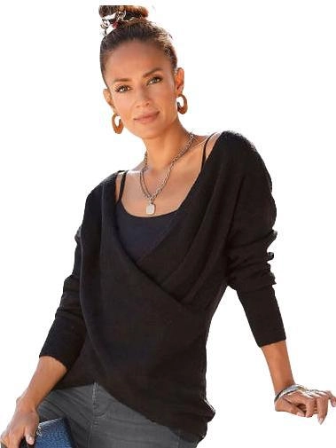 LASCANA V-neck Crossover Sweater - Black