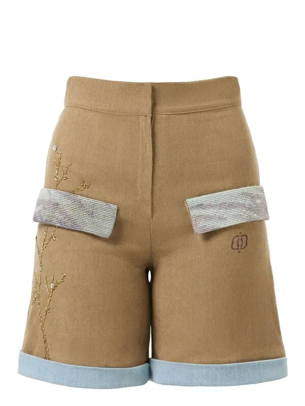 RONDOOZ Hand Painted Denim And Corduroy Shorts With Antique French Gobelin Tapestry & Hand Applied Embellishment - Brown